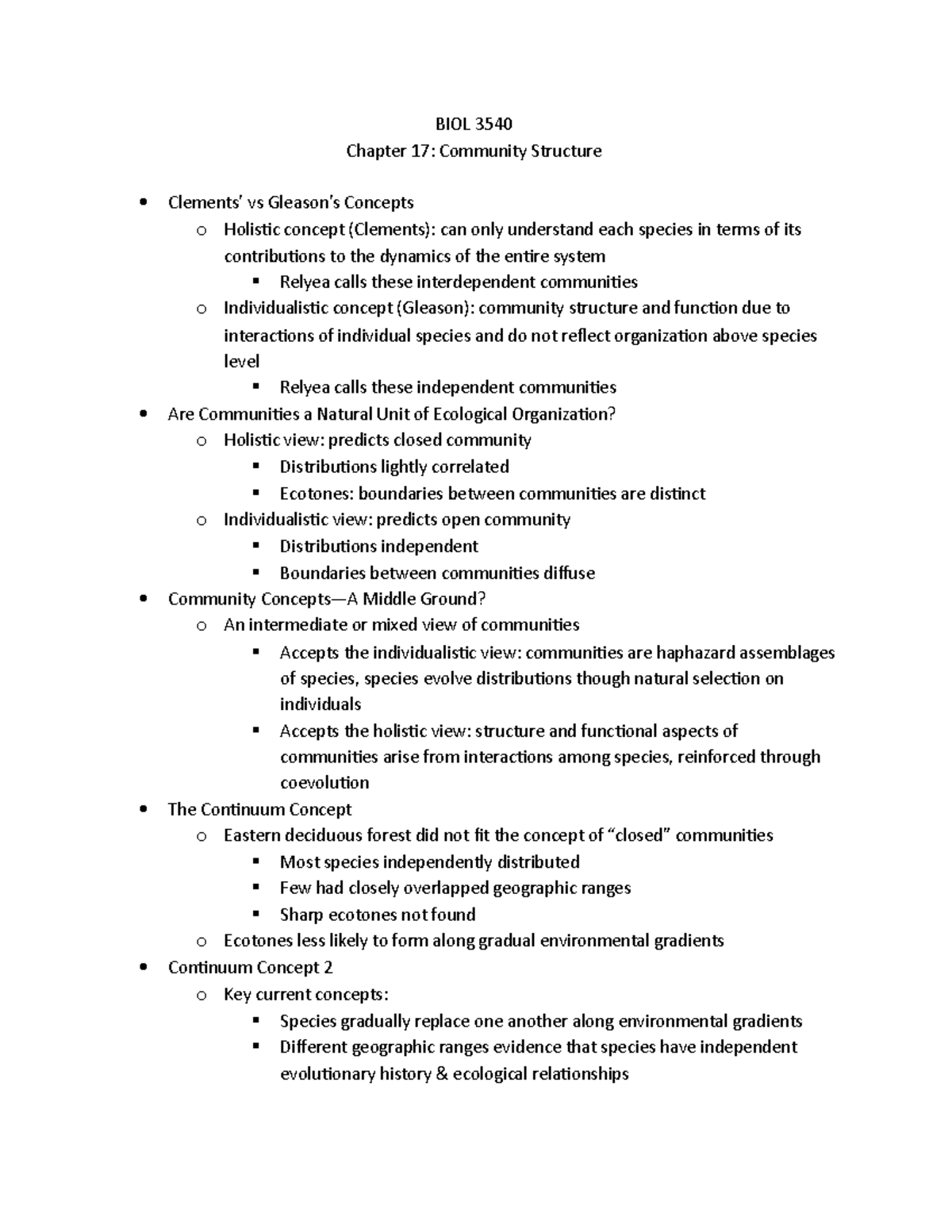 Chapter 17 Notes - BIOL 3540 Chapter 17: Community Structure Clements ...