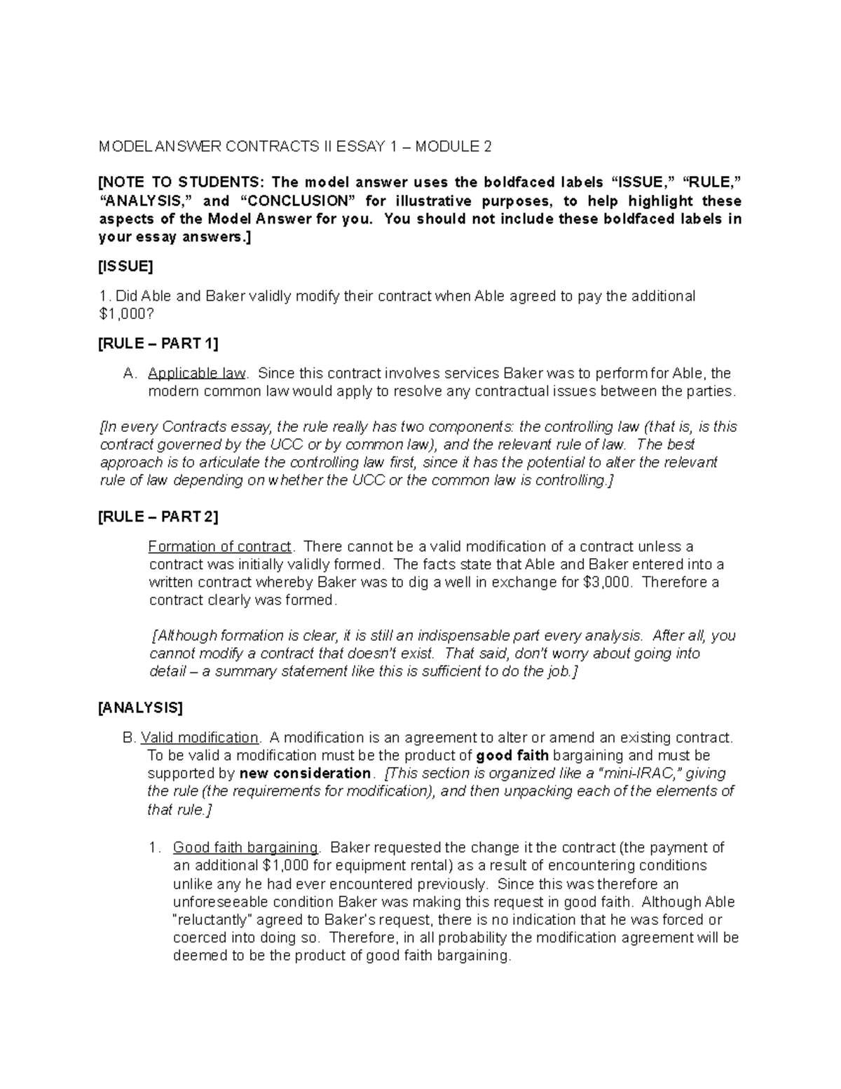 CL611 mod2modelanswer Quiz 2 - MODEL ANSWER CONTRACTS II ESSAY 1 – MODULE 2 [NOTE TO STUDENTS ...
