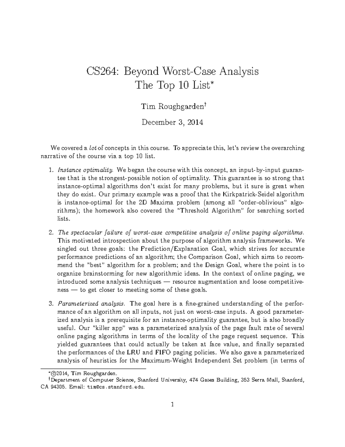 Top10 Prof Is Naveen Garg Cs264 Beyond Worst Case Analysis The Top 10 List ∗ Tim