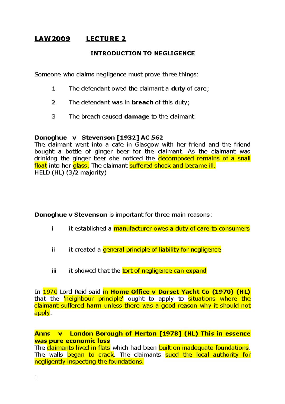 Lecture 2 Intro to negligence - LAW2009 LECTURE 2 INTRODUCTION TO NEGLIGENCE Someone who claims ...