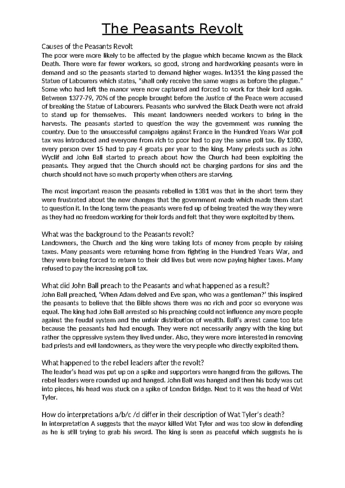 The Peasants revolt - The Peasants Revolt Causes of the Peasants Revolt ...