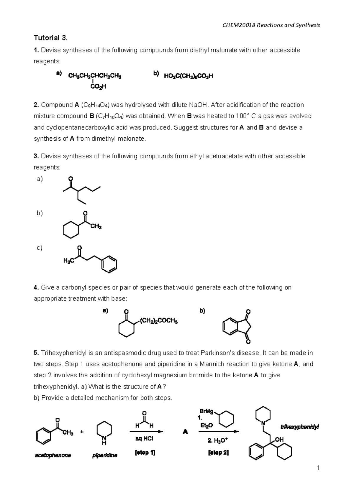 CHEM2001 8+Wk+3+Tutorial+3 - CHEM200 18 Reactions and Synthesis 1 ...