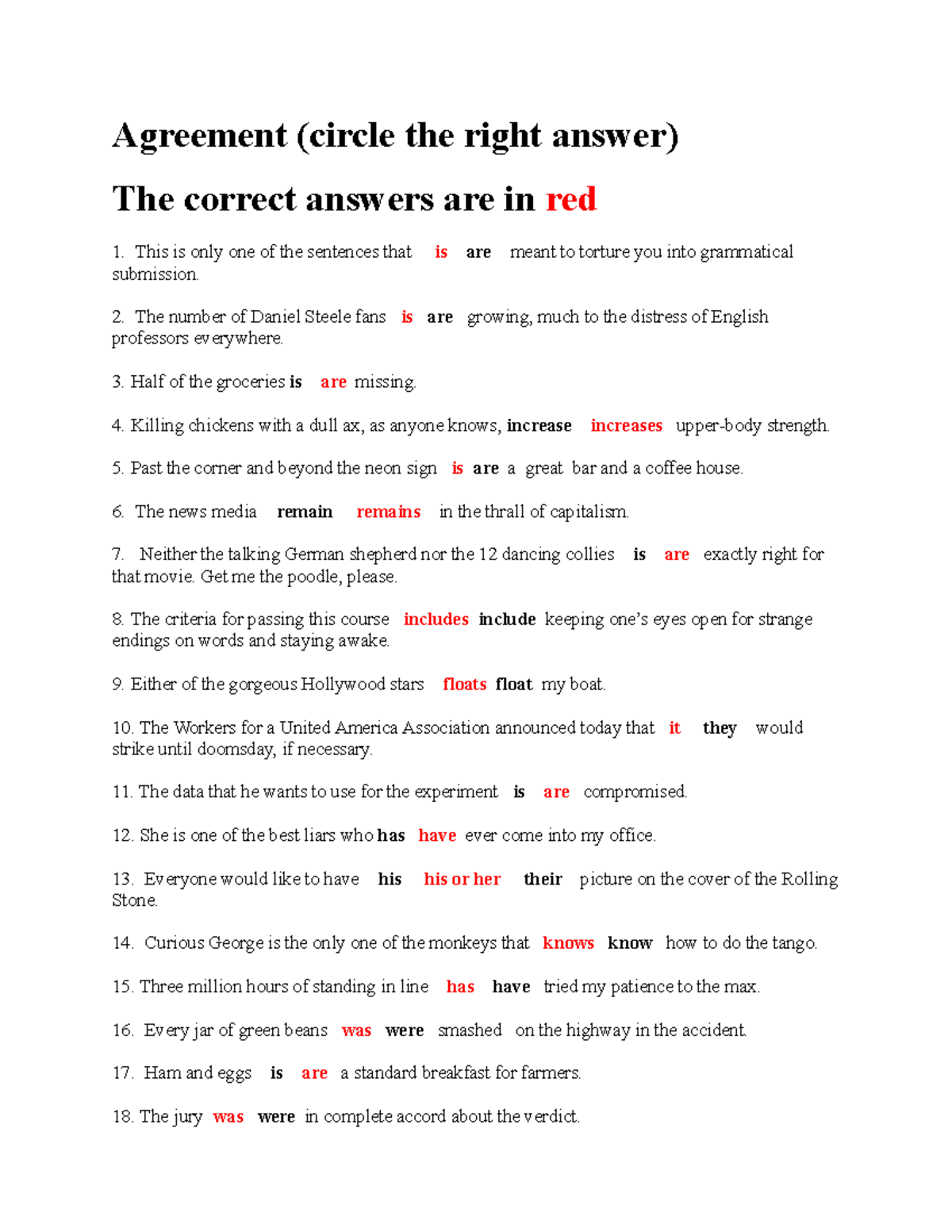 Agreement Assignment - Agreement (circle the right answer) The correct ...