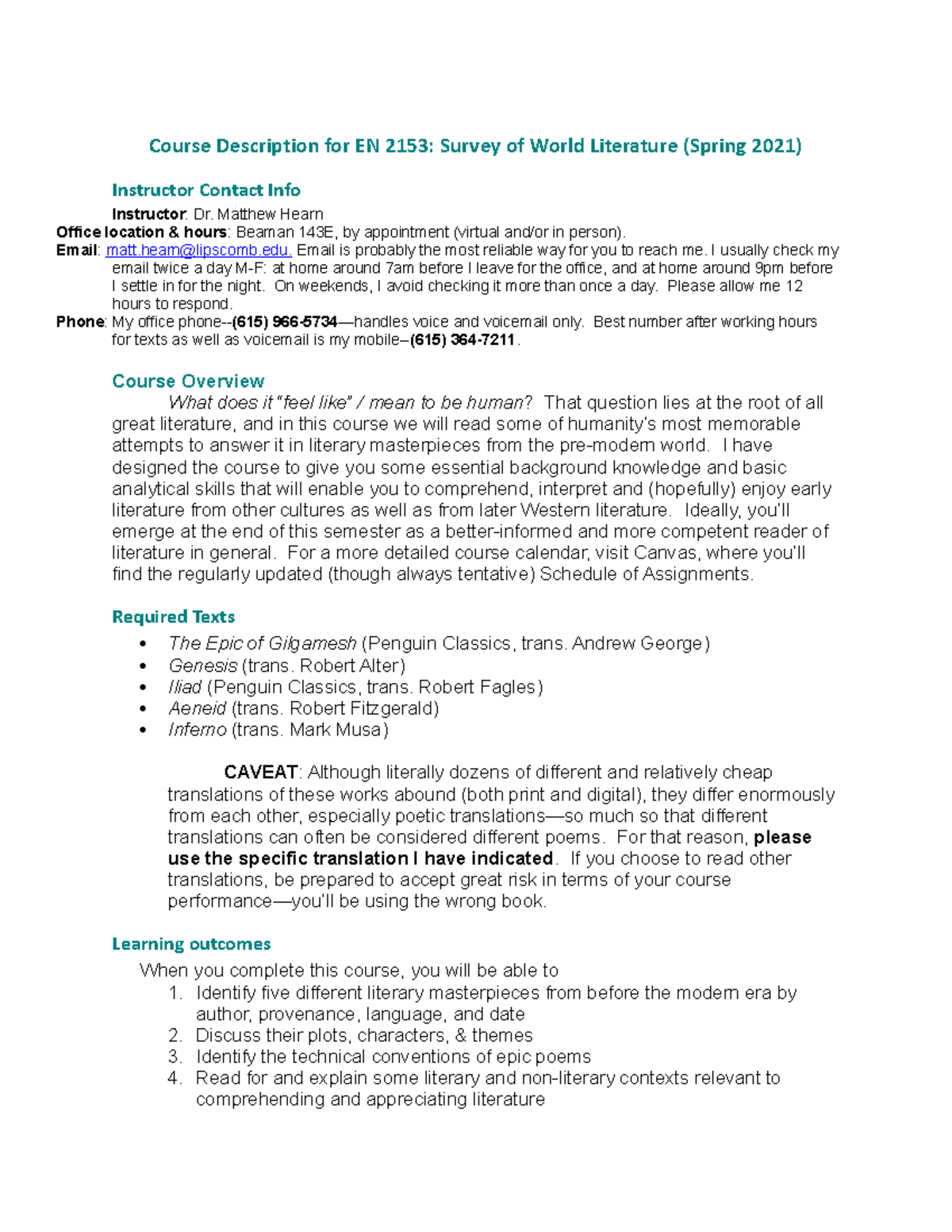 Course Description for EN 2153 - Matthew Hearn Office location & hours ...