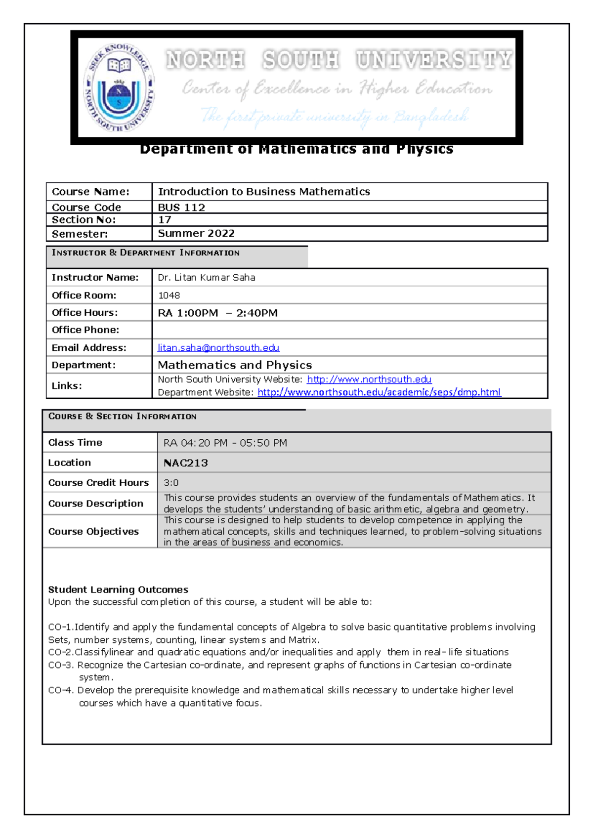 Course Outline BUS 112-3 - Department of Mathematics and Physics Course ...