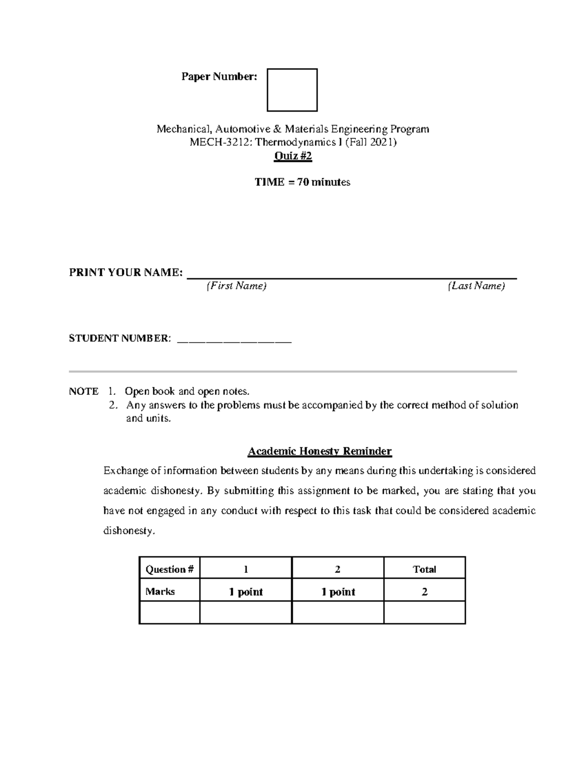 Quiz number 2 year 2020-2021 - 85 212 - U of W - StuDocu