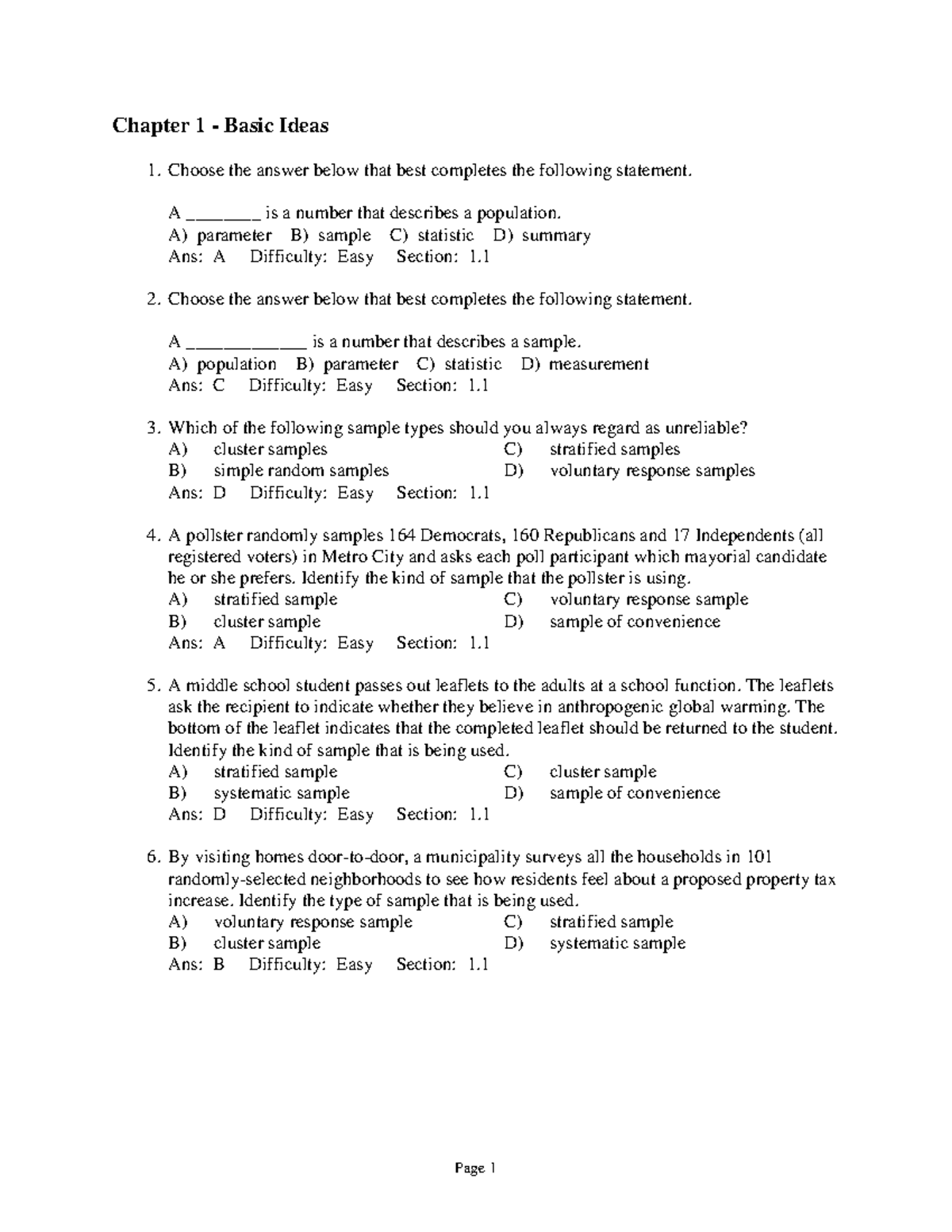 Chapter 1 - Basic Ideas Answer - Choose the answer below that best ...