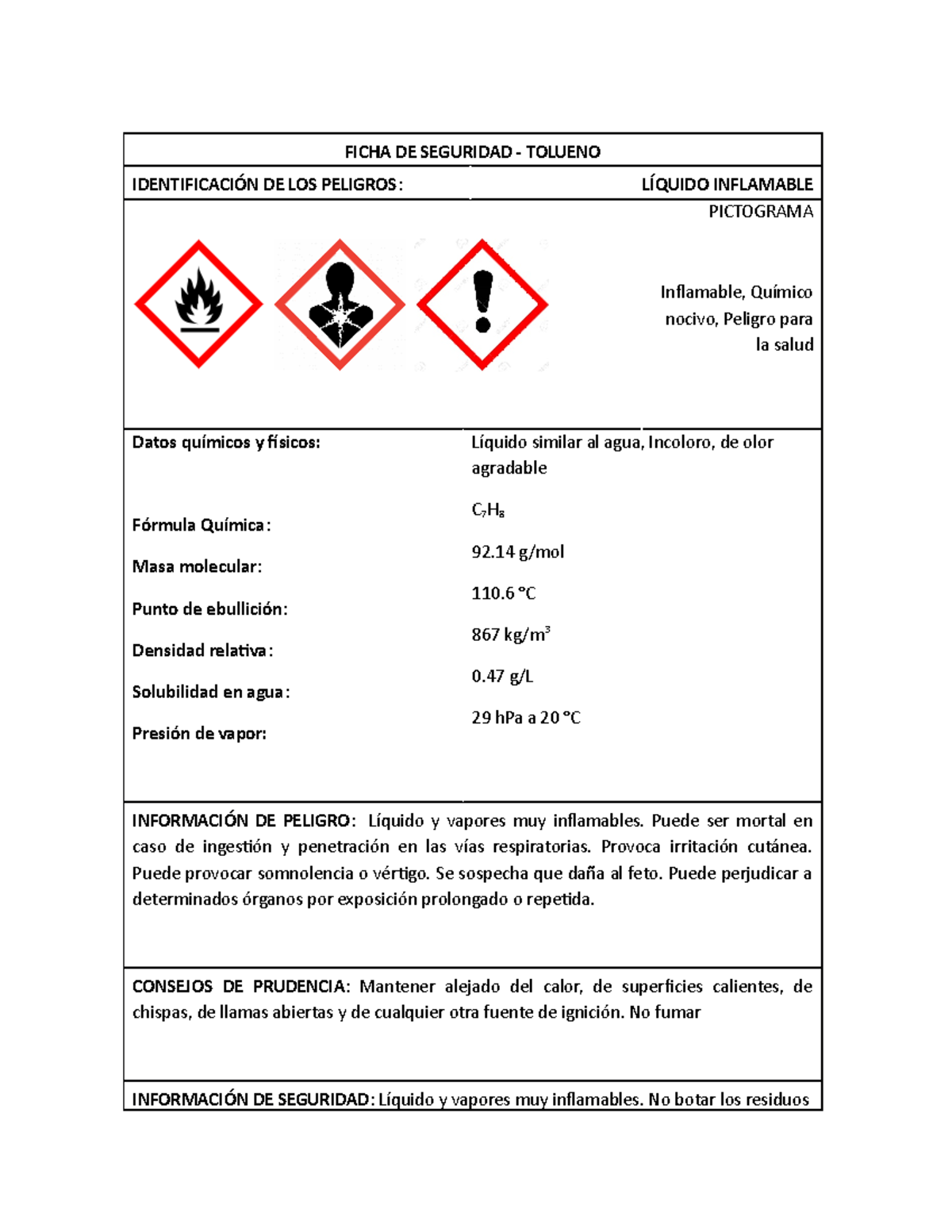 Ficha de Seguridad - FICHA DE SEGURIDAD - TOLUENO IDENTIFICACIÓN DE LOS ...