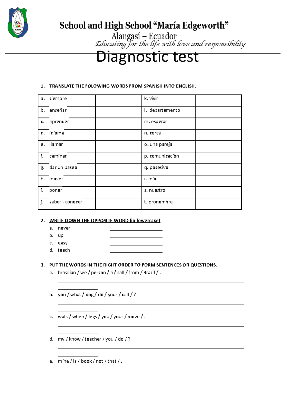 Speaking test - lengua - 1. TRANSLATE THE FOLOWING WORDS FROM SPANISH ...