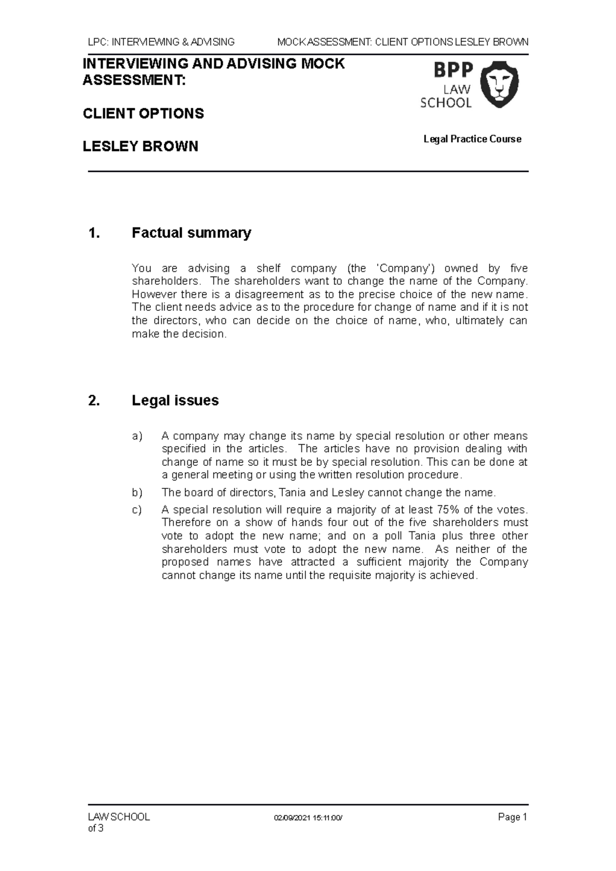 Mock Lesley Brown Client Options - LPC: INTERVIEWING & ADVISING MOCK ...