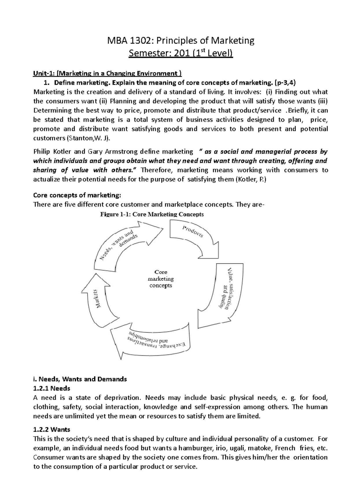 Mrkt Note Unit 1 - Marketing - MBA 1302: Principles of Marketing ...