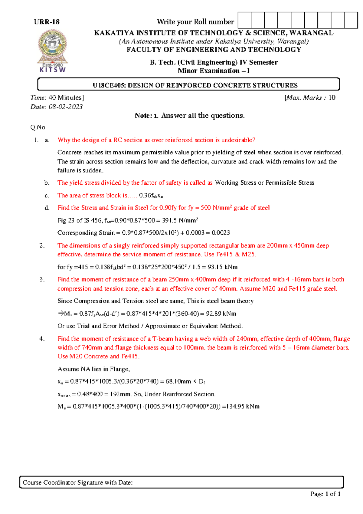 DRCS Minor 1 Solution - tutorial - Course Coordinator Signature with Date: Page 1 of 1 URR-18 ...