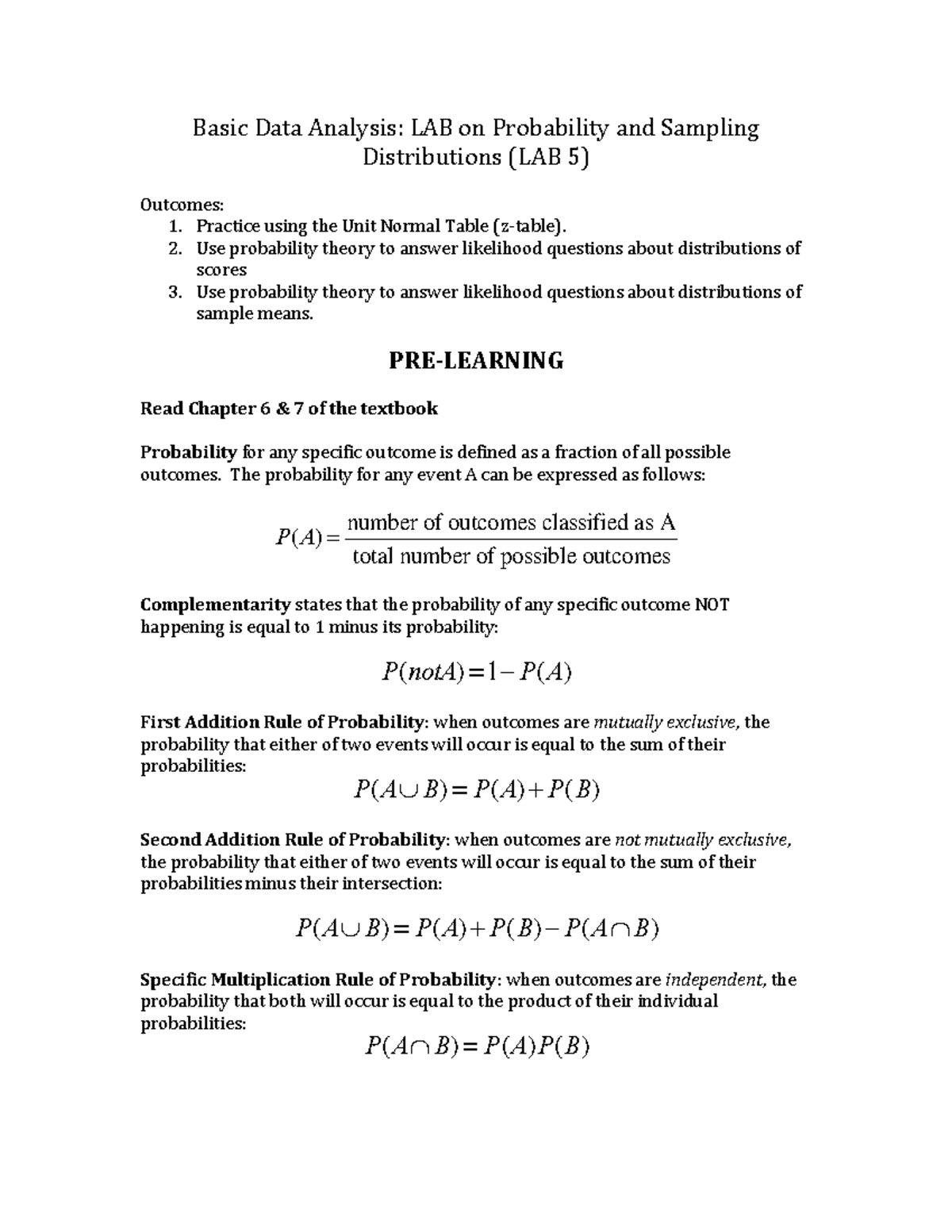 LAB5Handout - TUT work 5 - Basic Data Analysis: LAB on Probability and Sampling Distributions ...