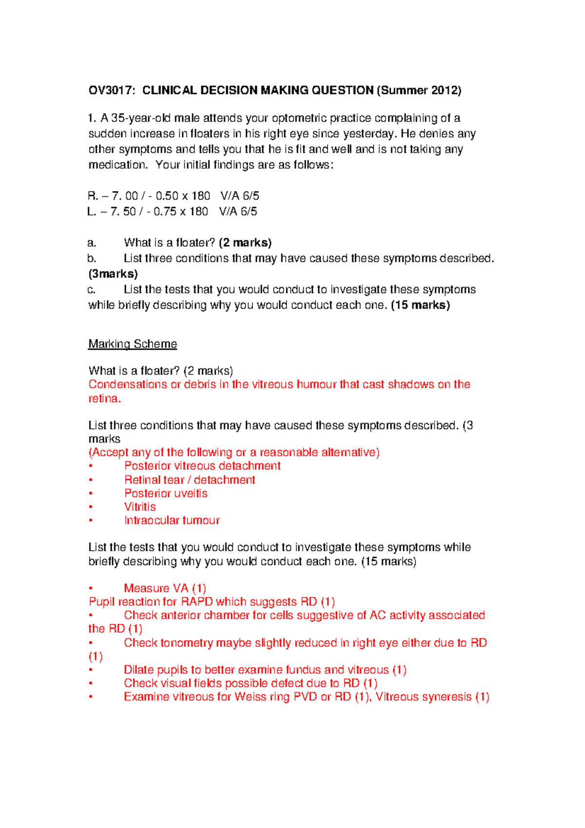 Clinical decision optometry - OV3017: CLINICAL DECISION MAKING QUESTION ...