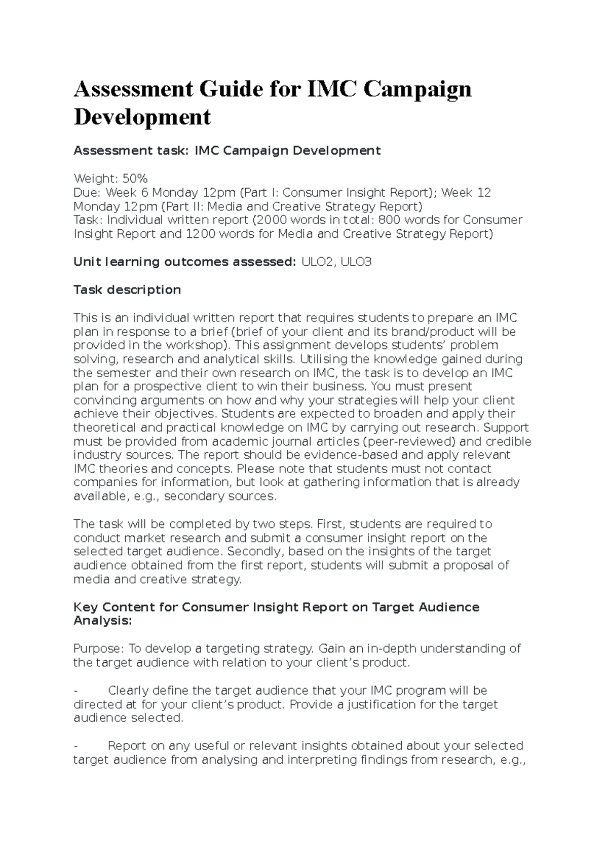 3 - Assignment 1 - Assessment Guide for IMC Campaign Development ...