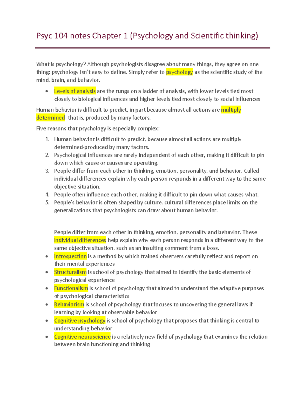 Intro Psychology 104 Notes Chapter 1 Psyc 104 Notes Chapter 1