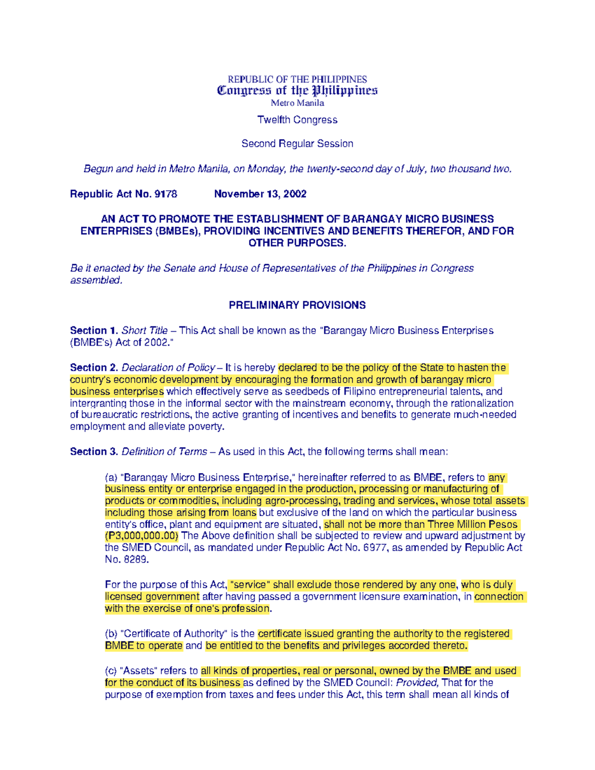 BMBE - LAW - Twelfth Congress Second Regular Session Begun and held in ...