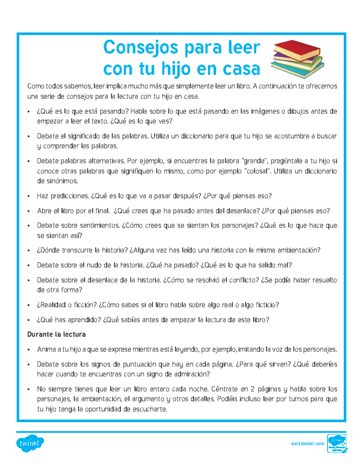 Hoja informativa para padres Lectura en casa - Consejos para leer con ...