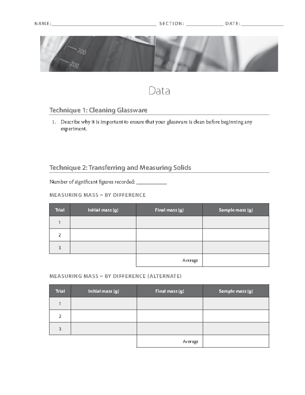 Basic Laboratory Techniques and Measurements - N A M E