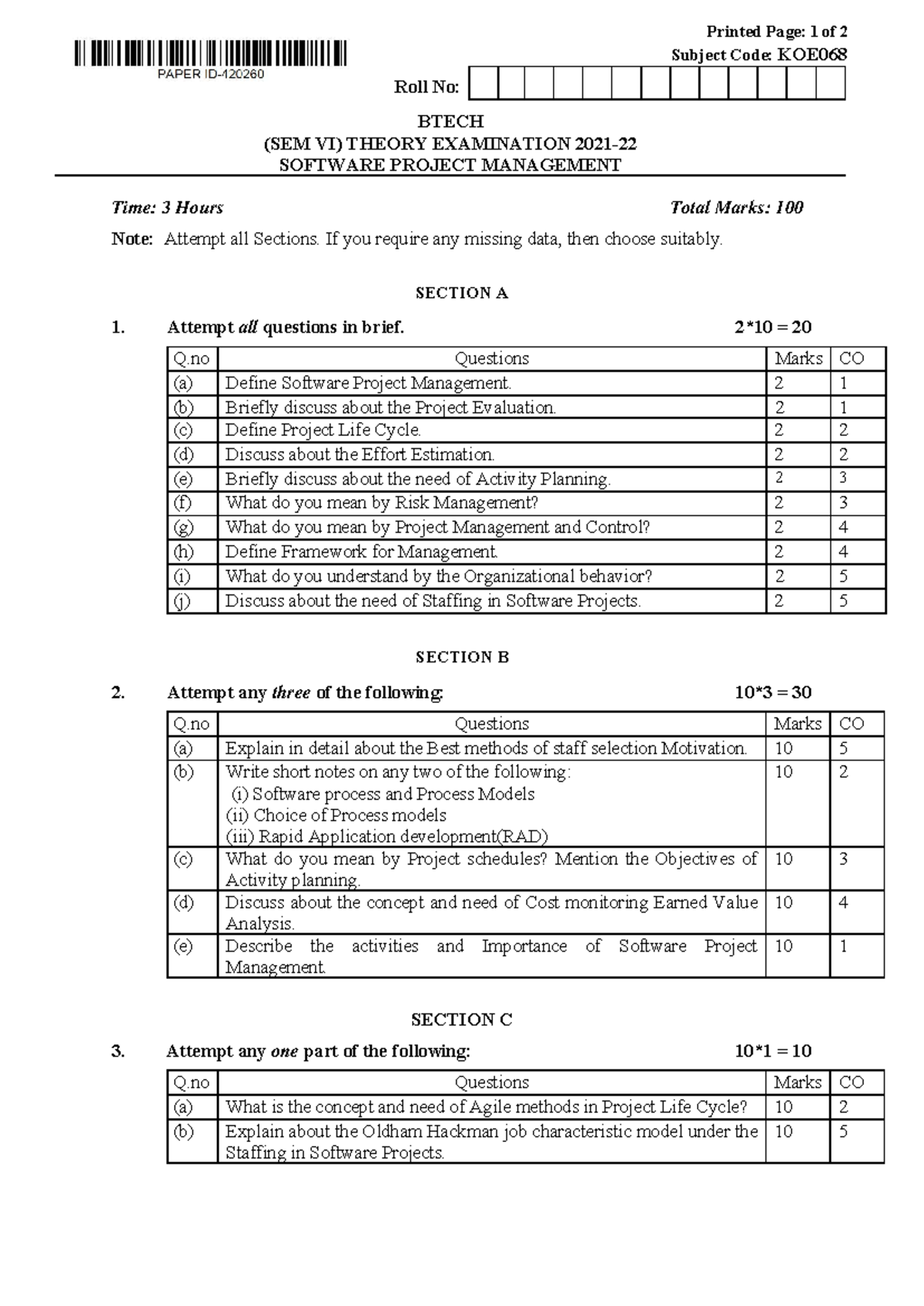 AKTU QP 2021-22 KOE-068 - Printed Page: 1 of 2 Subject Code: KOE 0Roll ...