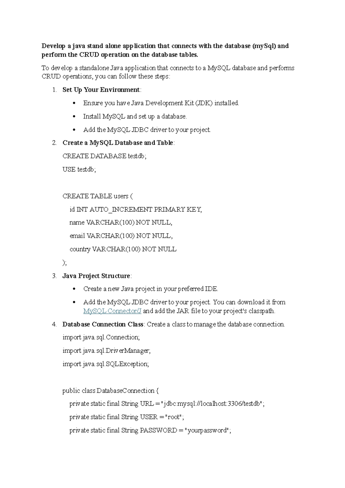 5. Develop a java stand alone application that connects with the database - To develop a ...