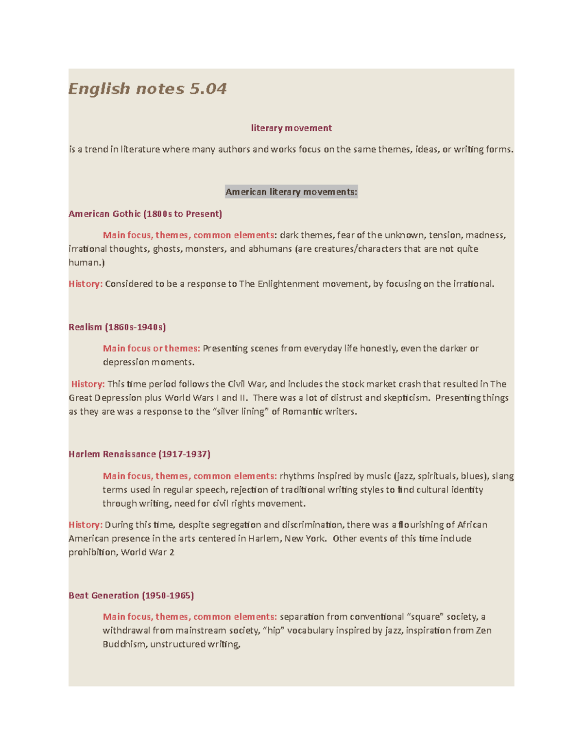 English notes 5 - literary movement is a trend in literature where many ...