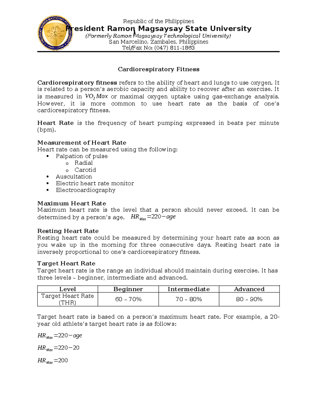 Pathfit 2 Cardiovascular Fitness - Republic of the Philippines ...