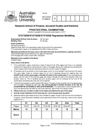 Tutorial 10 - Regression Modelling (STAT4038/STAT6038) Tutorial 10 ...