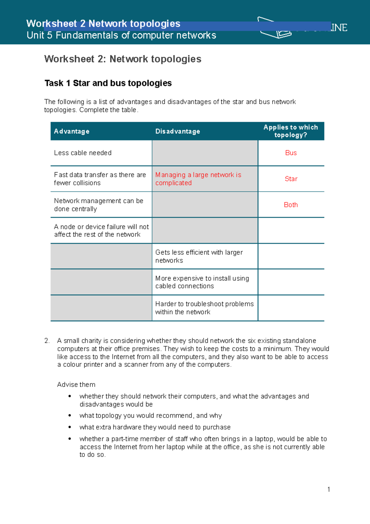 Networks Worksheet 2 - Worksheet 2: Network topologies Task 1 Star and ...