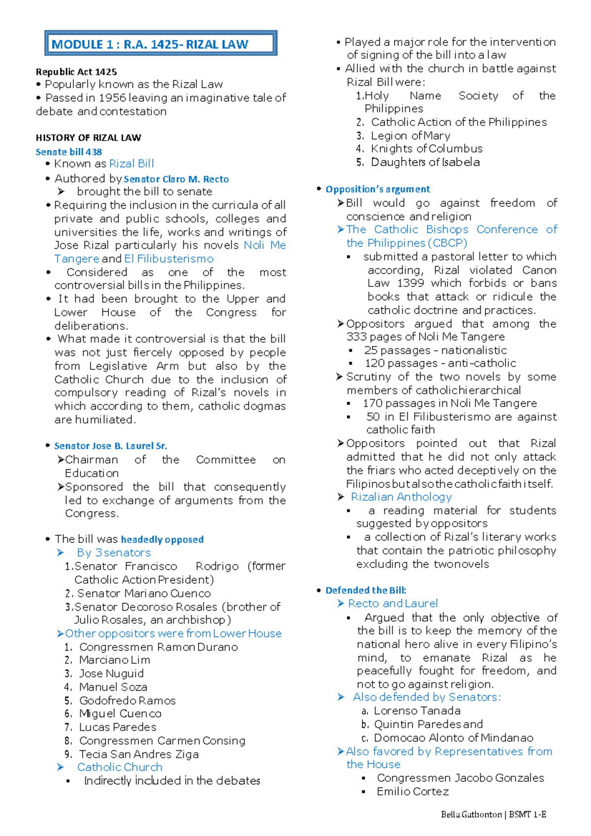 RLW reviewer exam converted - Republic Act 1425 Popularly known as the Rizal Law Passed in 1956 ...