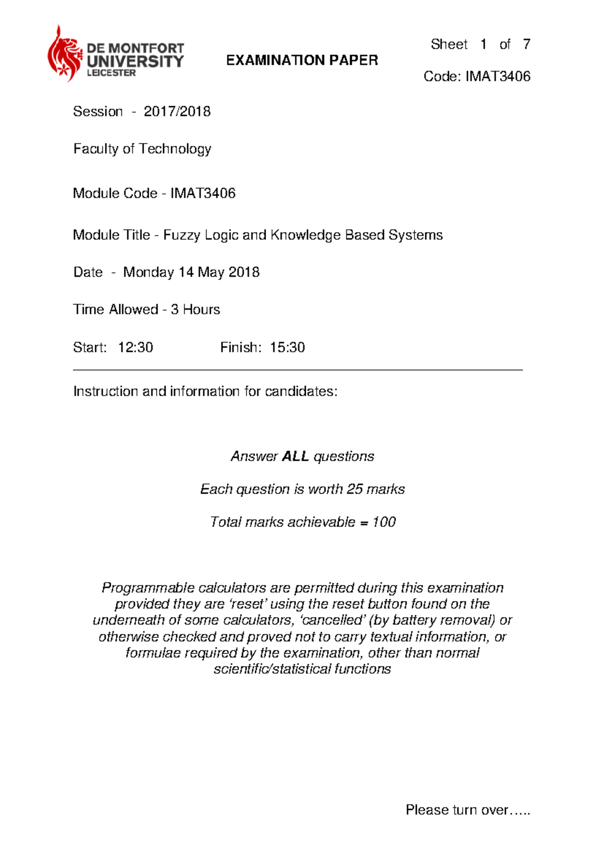 IMAT3406 2018 Exam - EXAMINATION PAPER Code: IMAT Session - 2017 ...