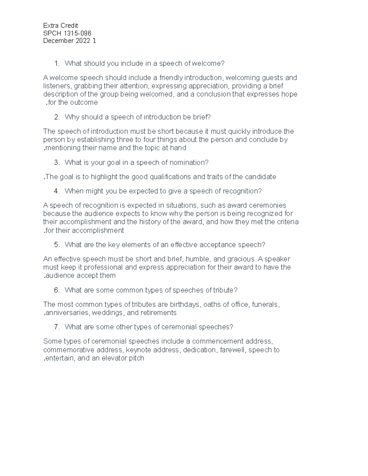 Speech Assignment - Extra Credit SPCH 1315- December 2022 1 1. What ...