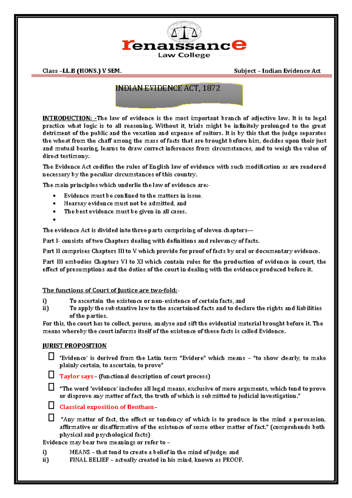 629319363 Indian Evidence Act Renaissance Law College Notes 1 - INDIAN ...