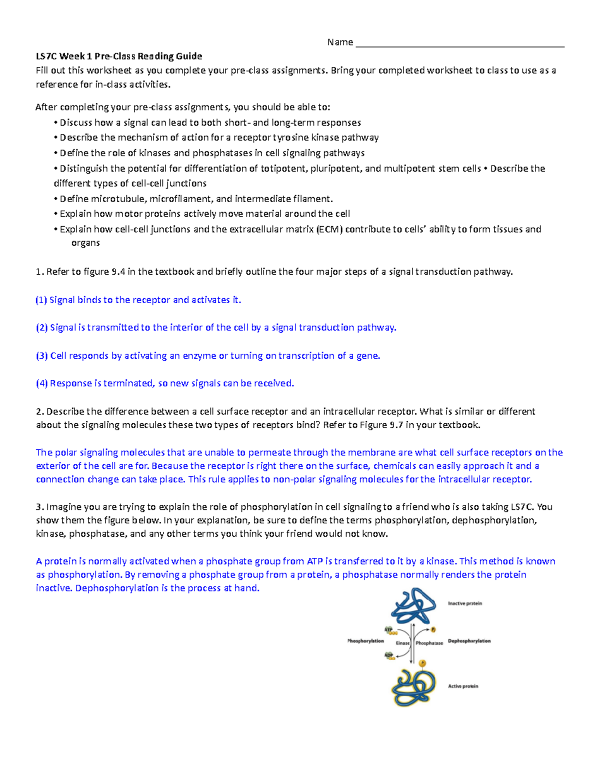 LS7C Week 1 Pre-Class Reading Guide - Name _______________________________________ LS7C Week 1 ...