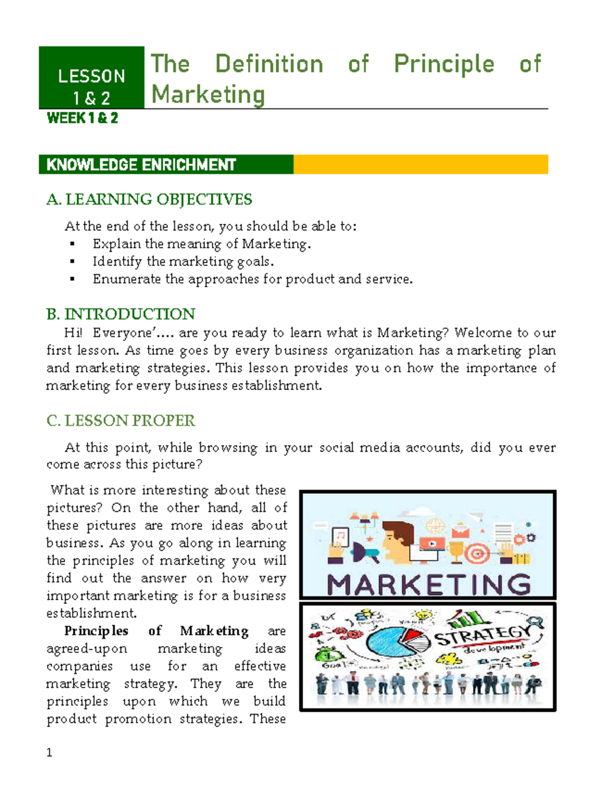 Module 1-4 marketing - LESSON 1 & 2 The Definition of Principle of Marketing WEEK 1 & 2 - Studocu