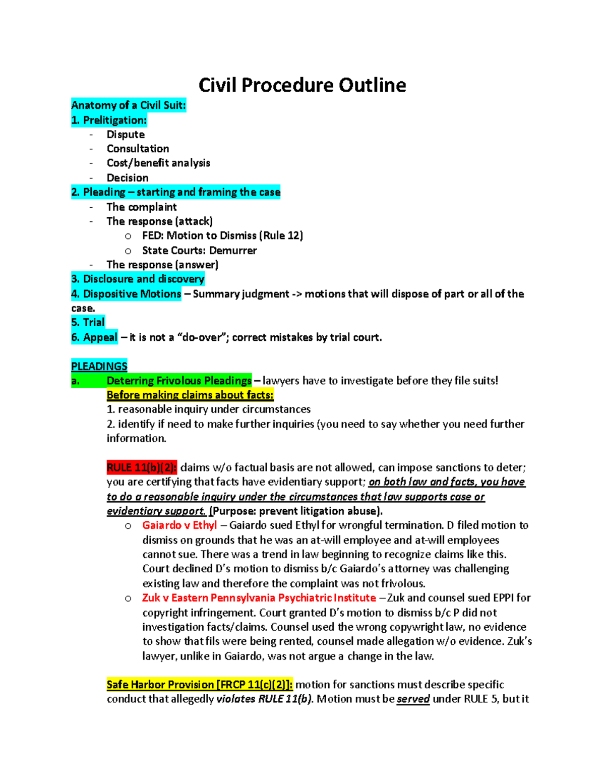 Civ Pro -Coles-Outline - Civil Procedure Outline **Anatomy of a Civil ...