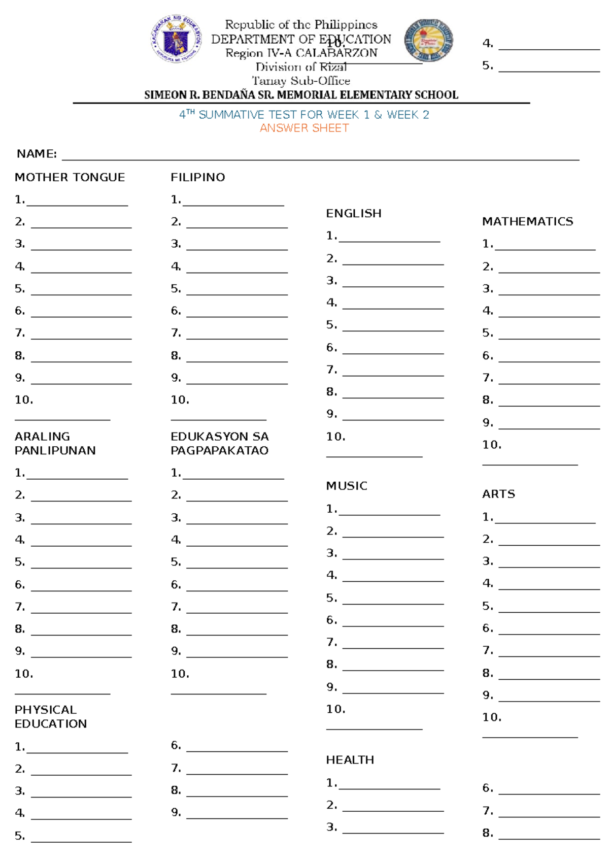 Summative Answer Sheet - MOTHER TONGUE 1.__________________ 2 ...