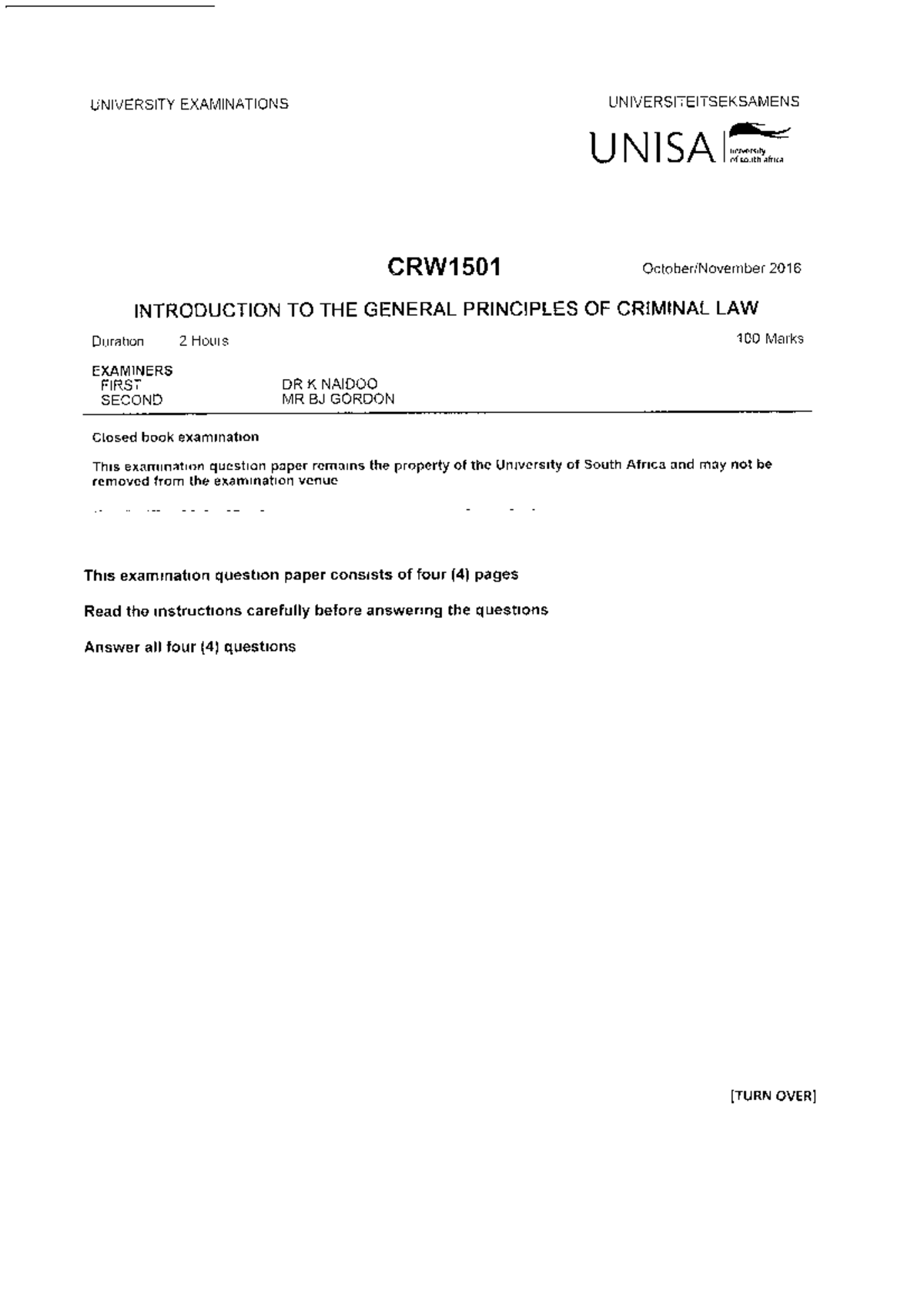 CRW1501 2016 10 E 1 - exam papers - CRW2601 - Studocu