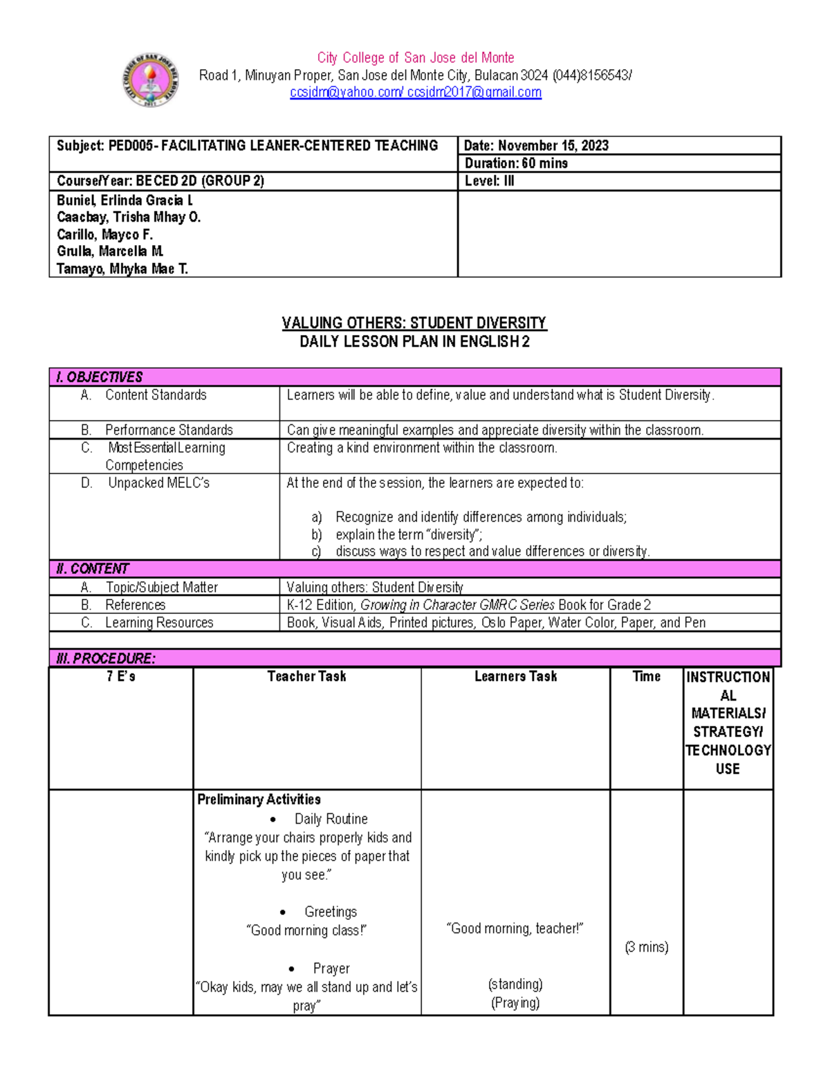 Group 2 Beced 2D Lessonplan PED005 - City College of San Jose del Monte ...