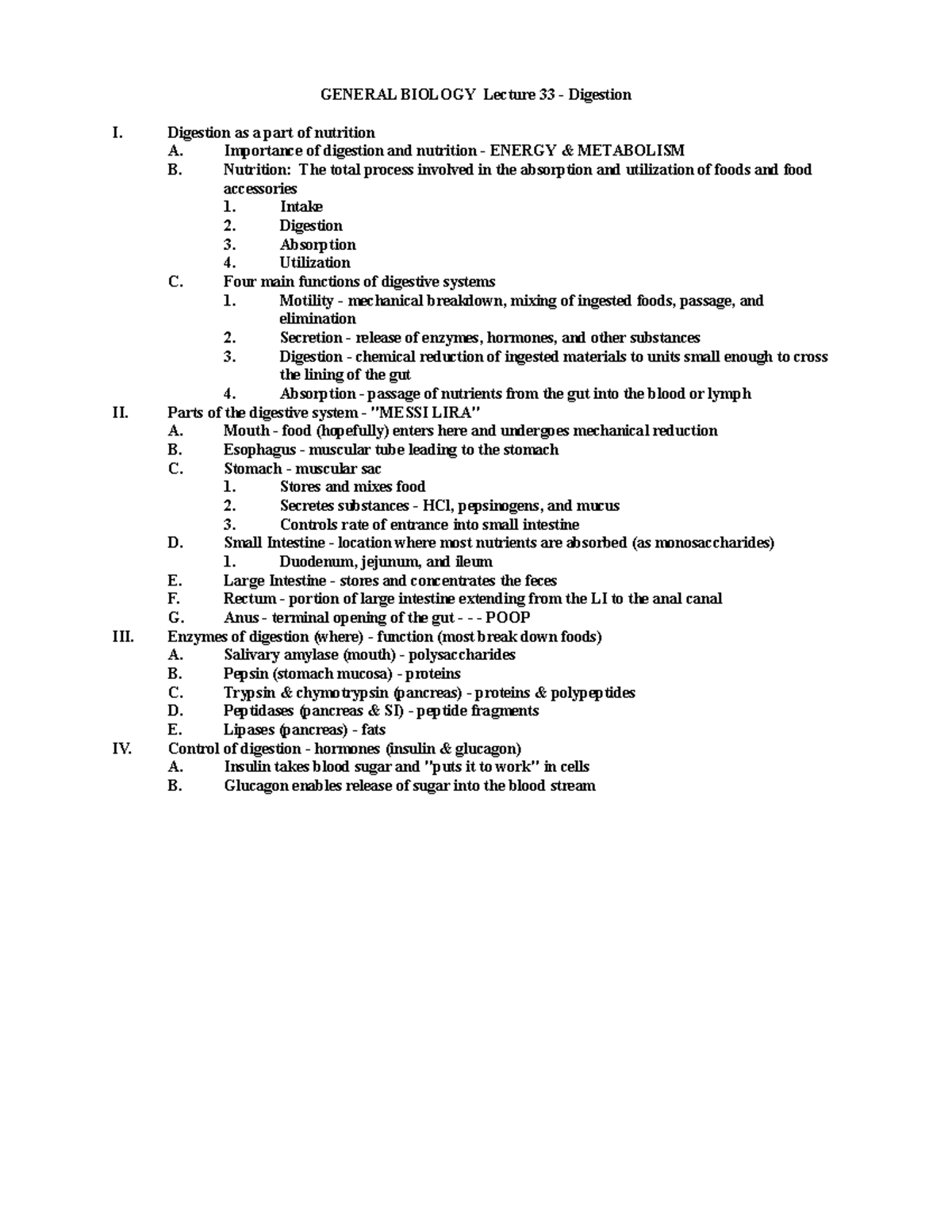 General Biology Lecture 33 - Digestion - GENERAL BIOLOGY Lecture 33 ...