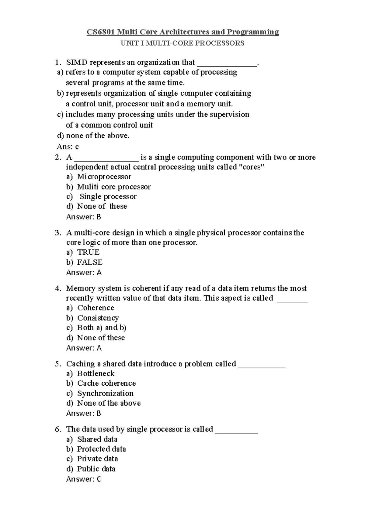 Mcap Mcq Unit1 Mcq Type Material Cs6801 Multi Core Architectures And Programming Unit I