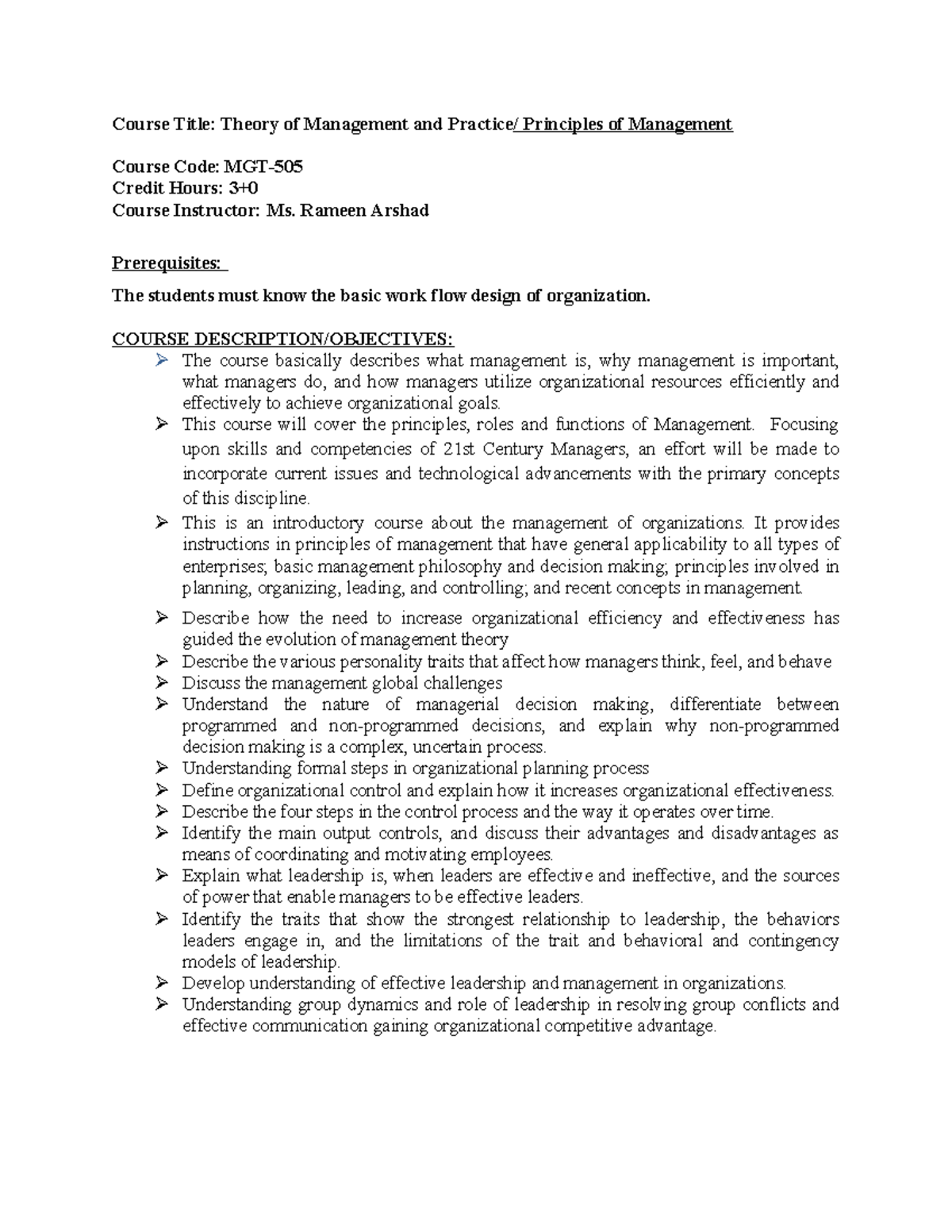 Course outline Revised Management Theory and Practice - Course Title ...