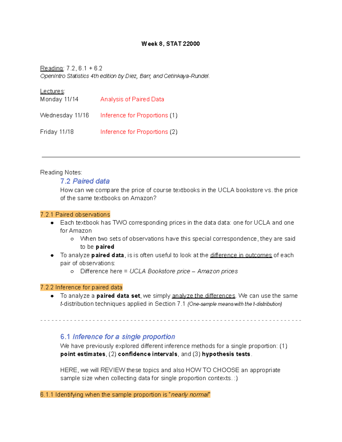 Week 8 STAT textbook notes - Week 8, STAT 22000 Reading: 7, 6 + 6 ...