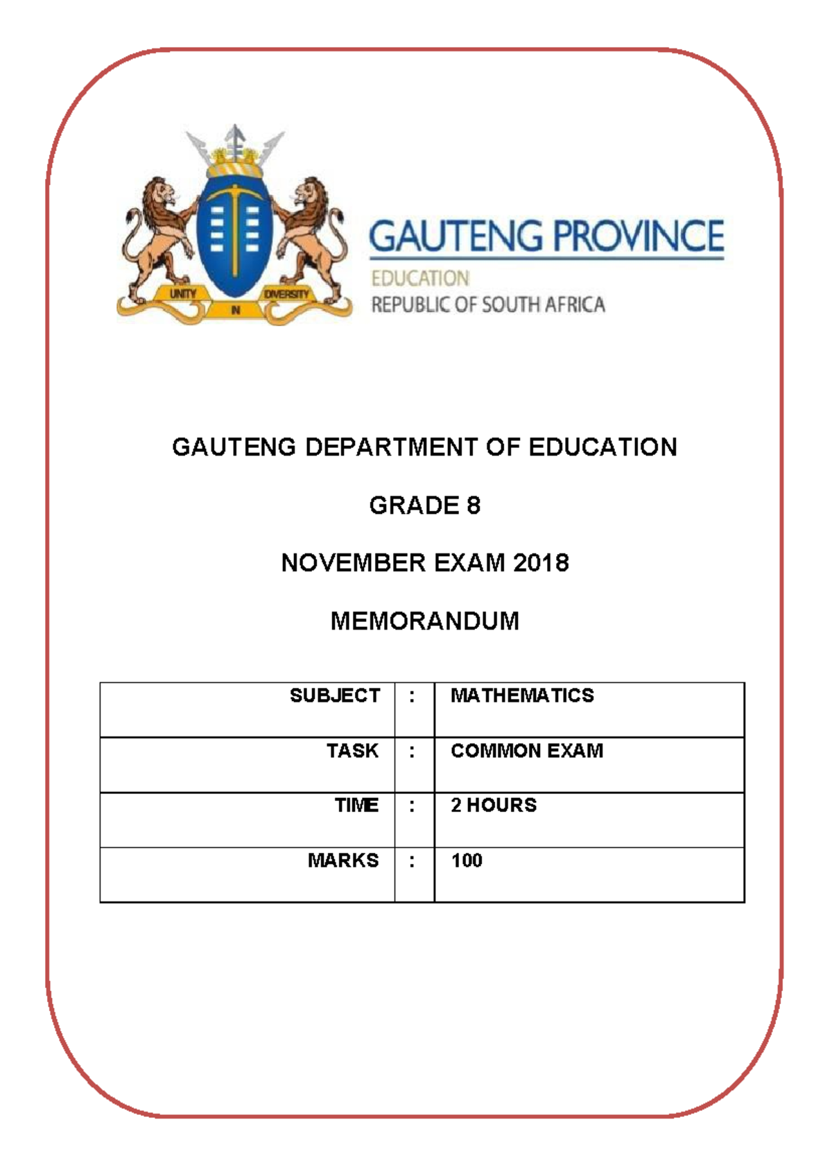 Math P1 2018 November Memo - GAUTENG DEPARTMENT OF EDUCATION GRADE 8 ...