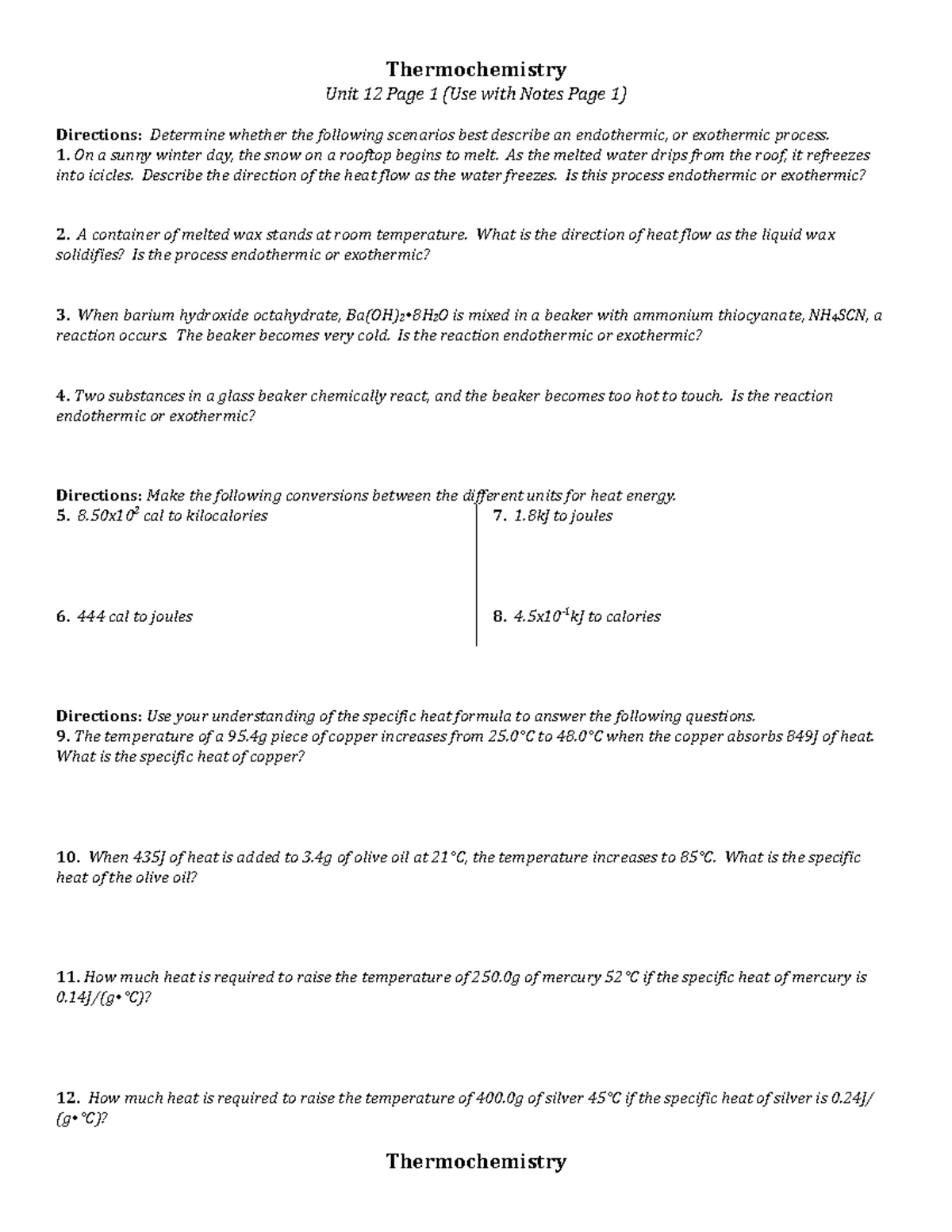 Pre ap chem unit 12 practice - Thermochemistry Unit 12 Page 1 (Use with ...