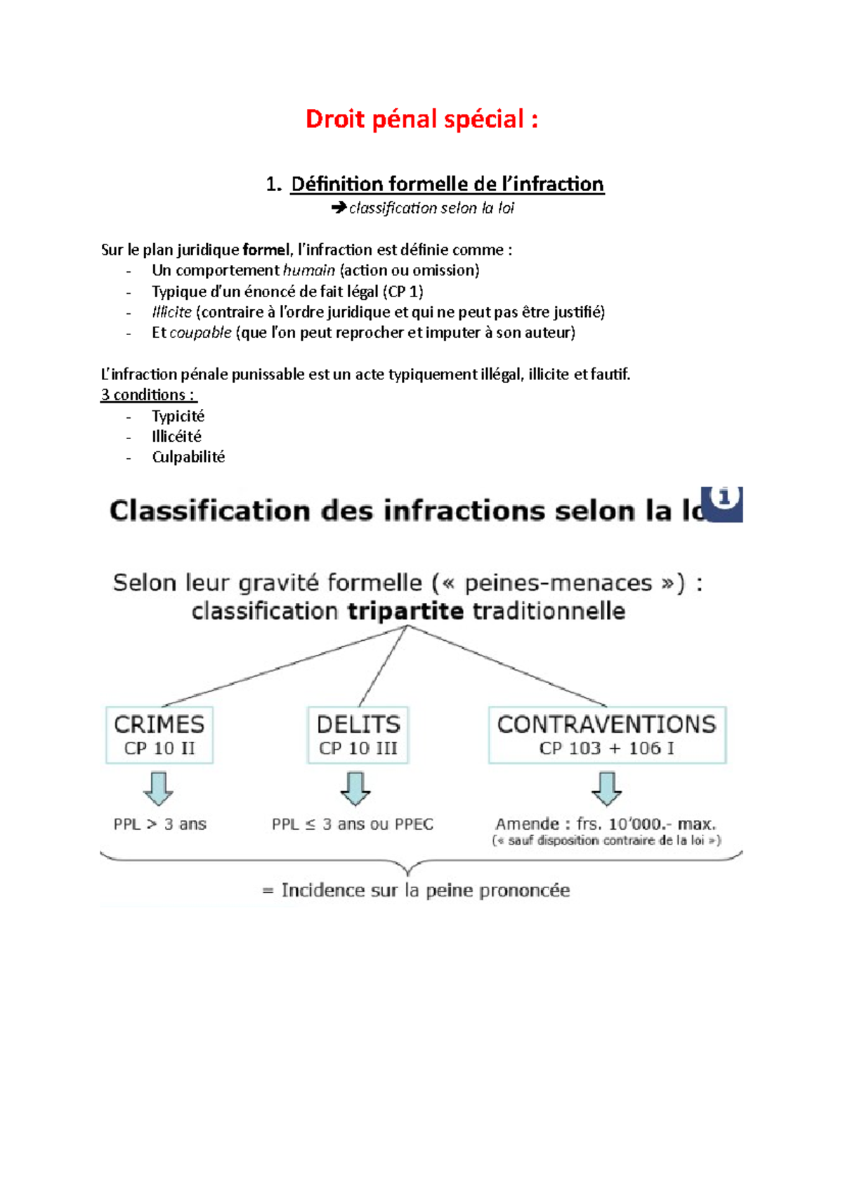Cours - Droit pénal spécial : 1. Définition formelle de l’infraction ...