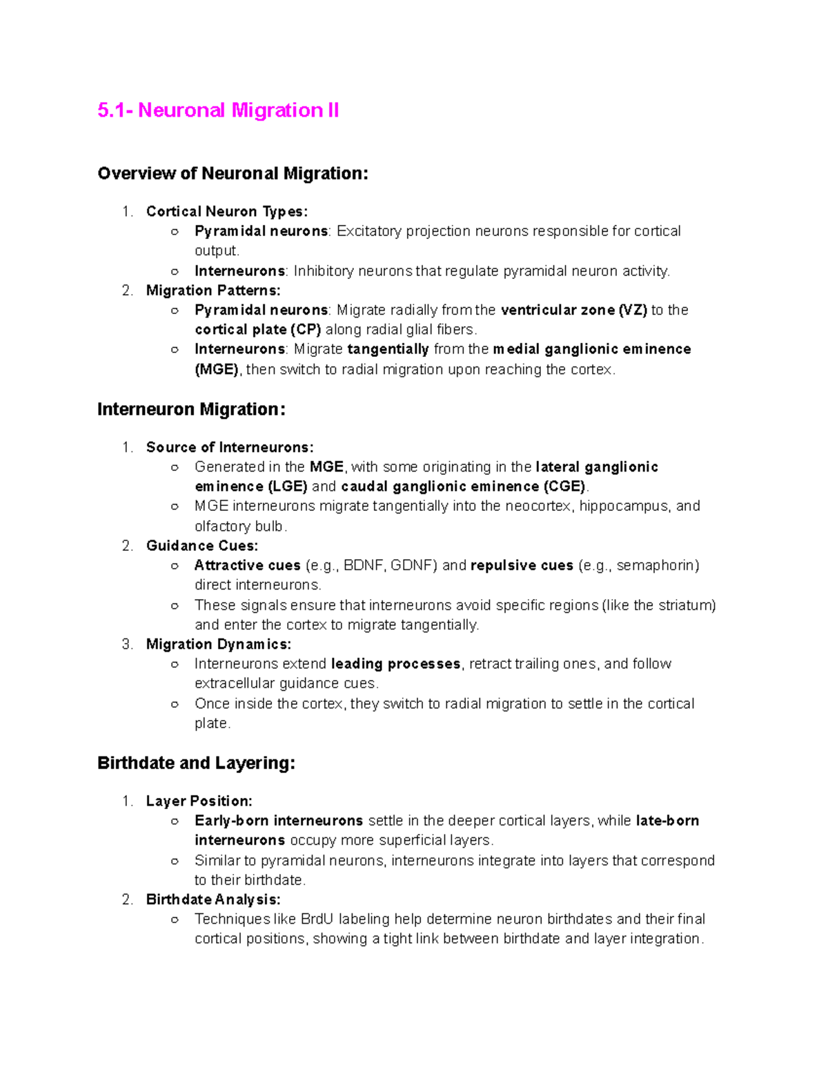 Week 5 - Week 5 lec notes - 5- Neuronal Migration II Overview of ...