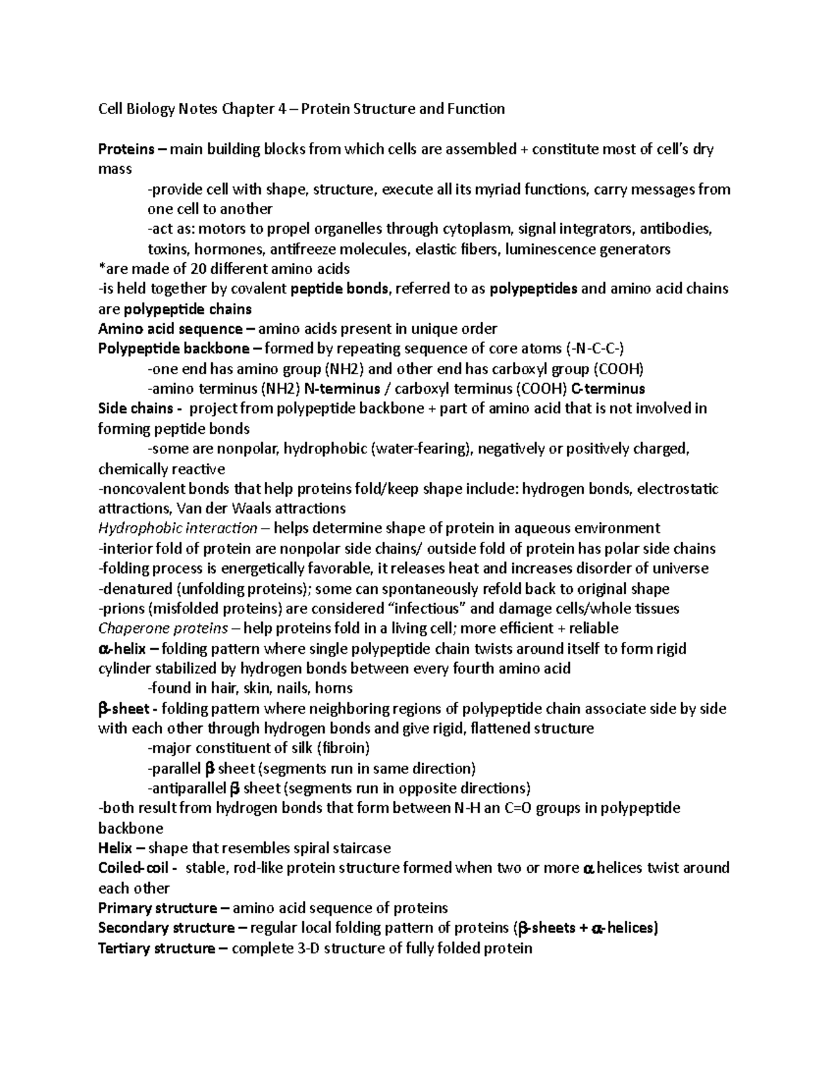 Chapter 4 Cell Biology Notes - Cell Biology Notes Chapter 4 Protein ...