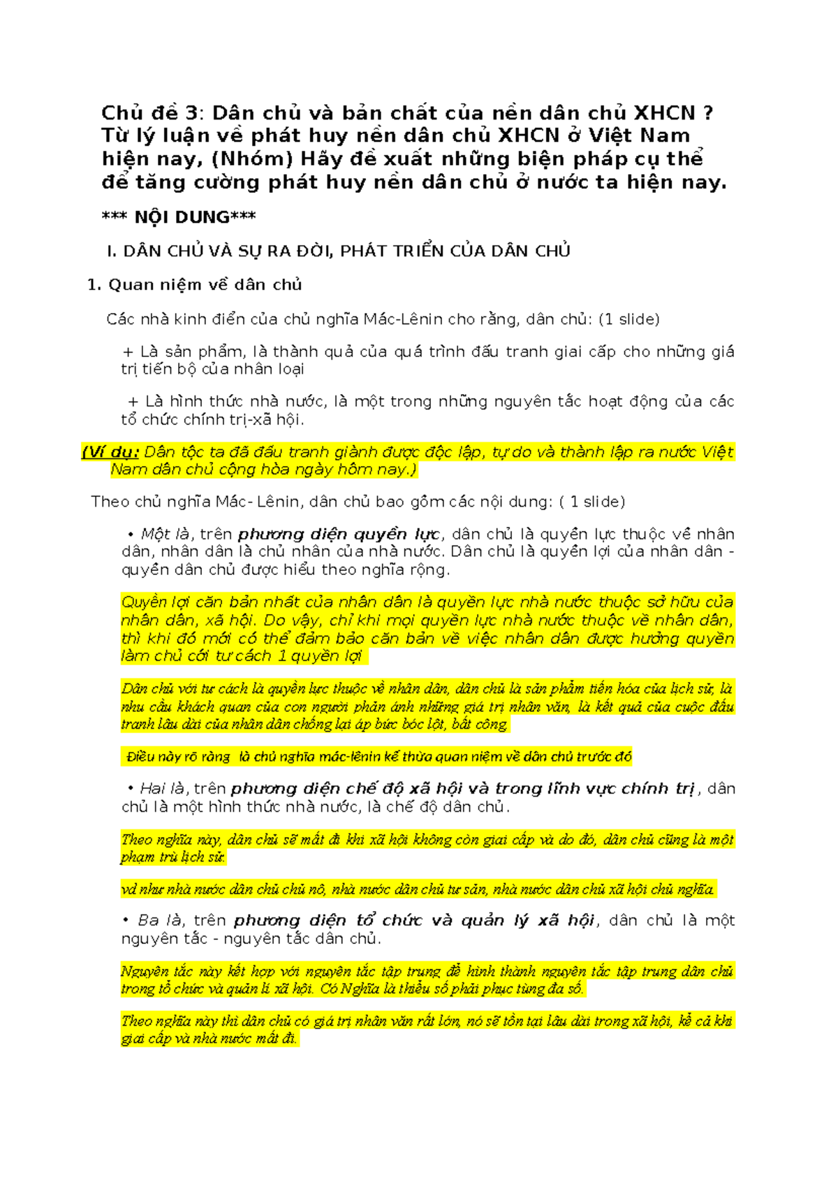 Nội dung CNXH C4 - great - Chủ đề 3: Dân chủ và bản chất của nền dân chủ XHCN? Từ lý luận về ...