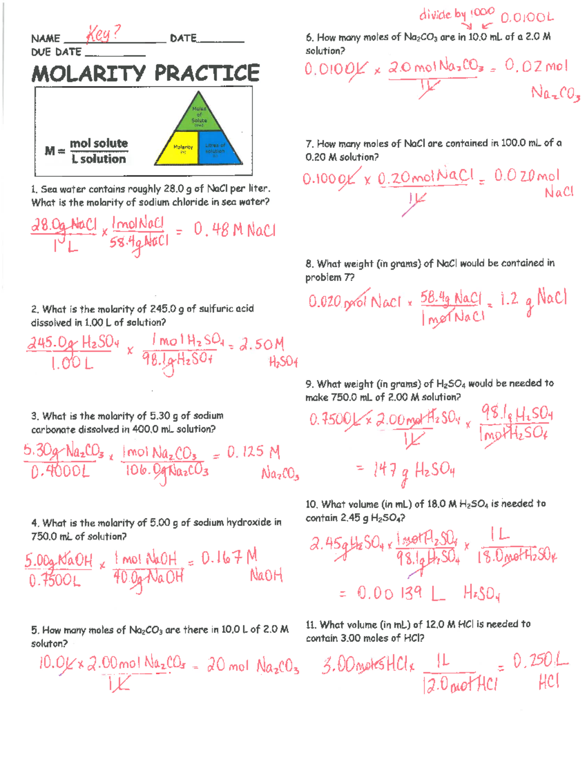 Molarity Practice KEY - dividcb‘i “000 0:00L N I! @ll 7 NAME - DATE 6 ...